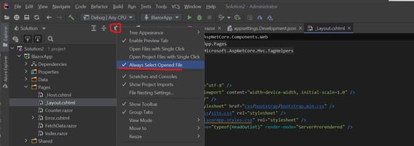 Find the Track Active Item in Solution Explorer option in JetBrains Rider